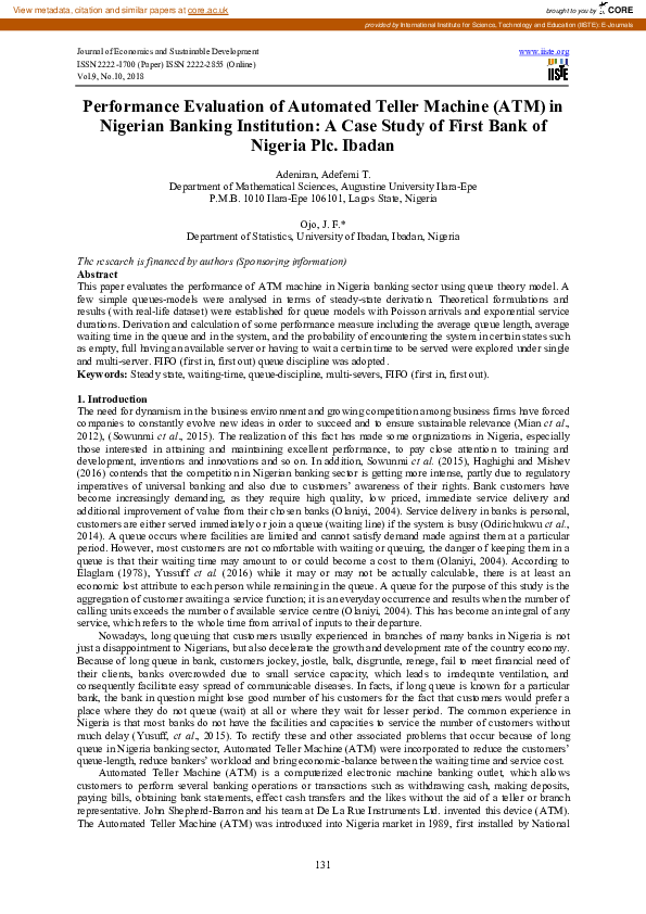 (PDF) Performance Evaluation of Automated Teller Machine (ATM) in Nigerian Banking Institution ...