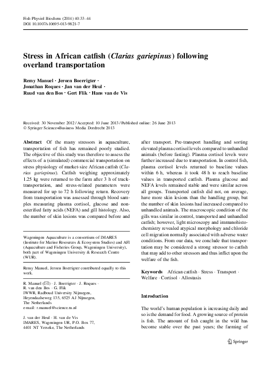 (PDF) Stress in African catfish (Clarias gariepinus) following overland ...