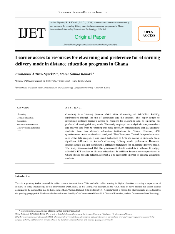 (PDF) Learner Access to Resources for eLearning and Preference for Elearning Delivery Mode in ...