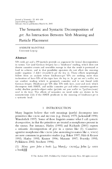 (PDF) The Semantic and Syntactic Decomposition of get: An Interaction Between Verb Meaning and ...