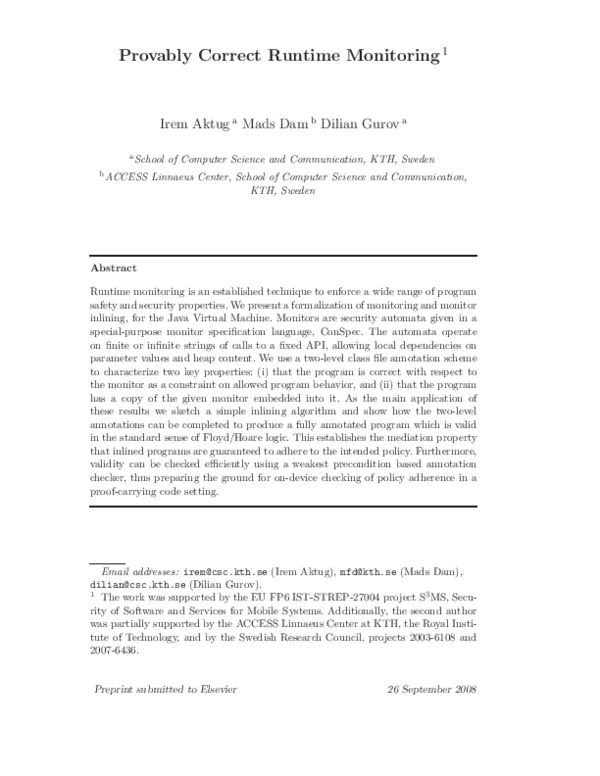 (PDF) Provably Correct Runtime Monitoring | Mads Dam - Academia.edu