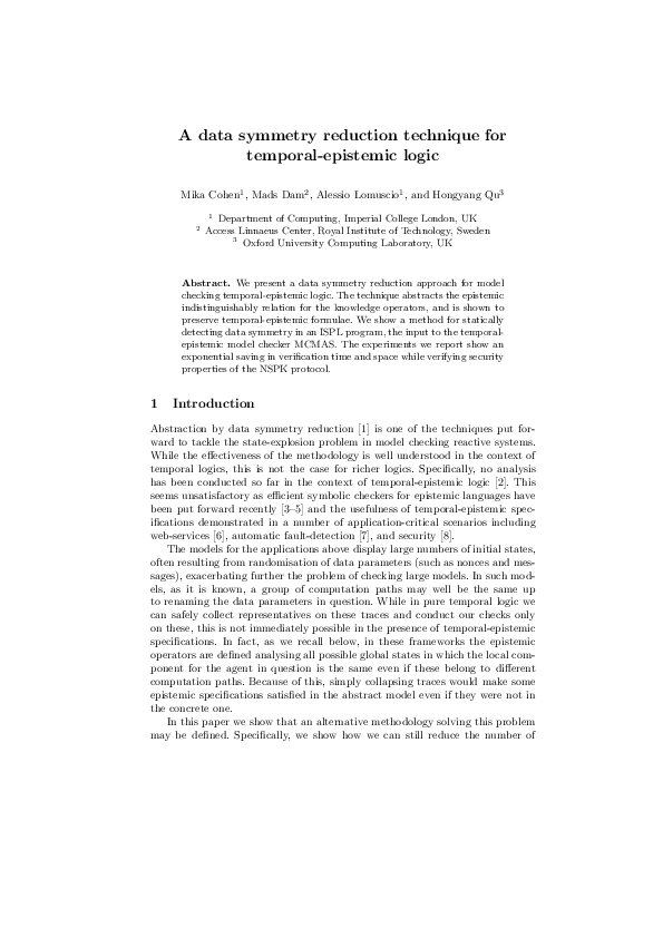 (PDF) A Data Symmetry Reduction Technique for Temporal-epistemic Logic