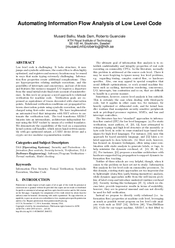 (PDF) Automating Information Flow Analysis of Low Level Code | Mads Dam - Academia.edu