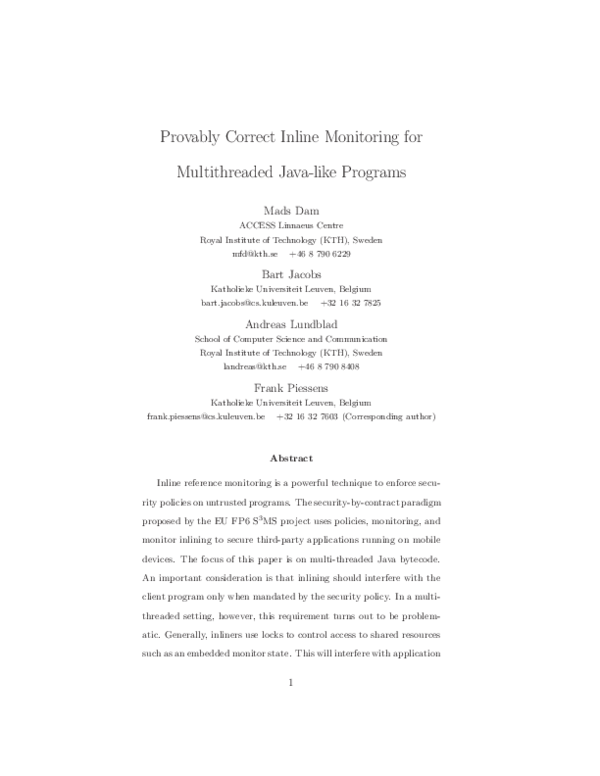 (PDF) Provably correct inline monitoring for multithreaded Java-like programs