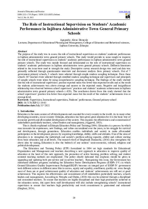 (PDF) The Role of Instructional Supervision on Students' Academic Performance in Injibara ...