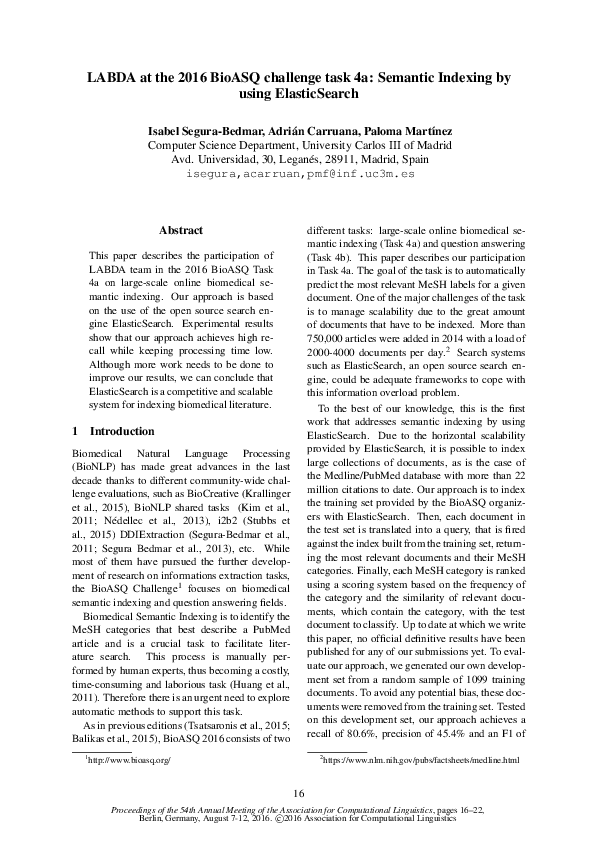(PDF) LABDA at the 2016 BioASQ challenge task 4a: Semantic Indexing by using ElasticSearch