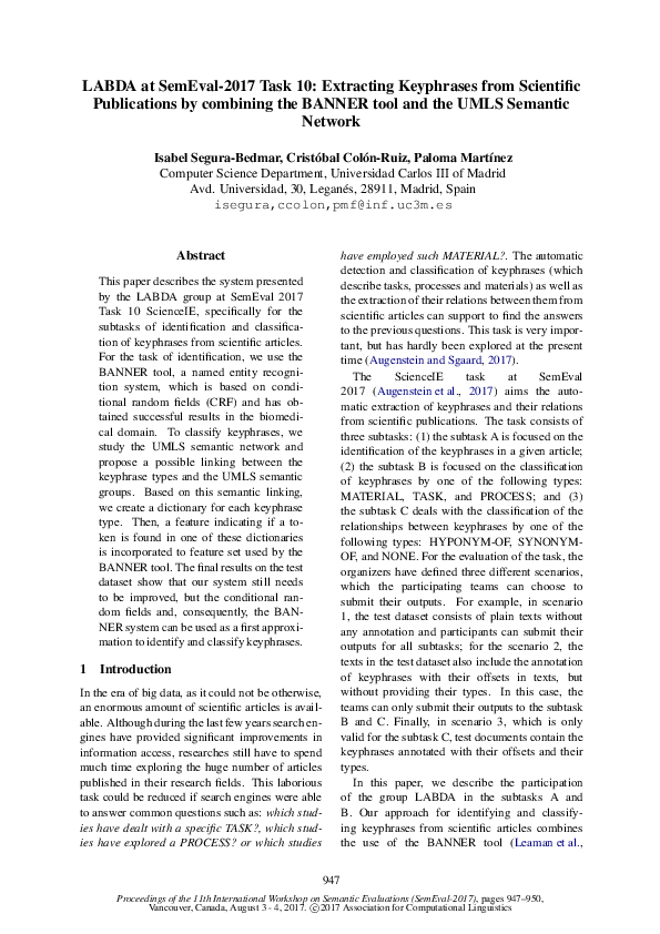 Pdf Labda At Semeval 2017 Task 10 Extracting Keyphrases From