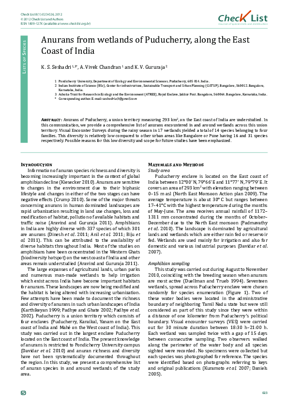 (PDF) Anurans from wetlands of Puducherry, along the east coast of India