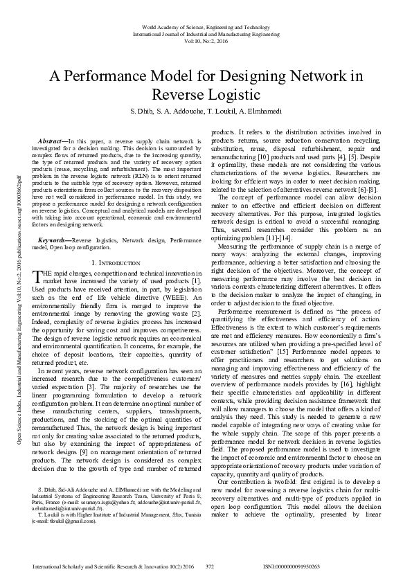 (PDF) A Performance Model For Designing Network In Reverse Logistic