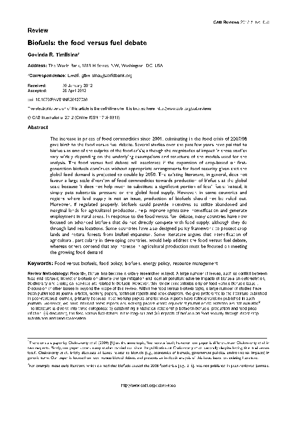 (PDF) Biofuels: the food versus fuel debate