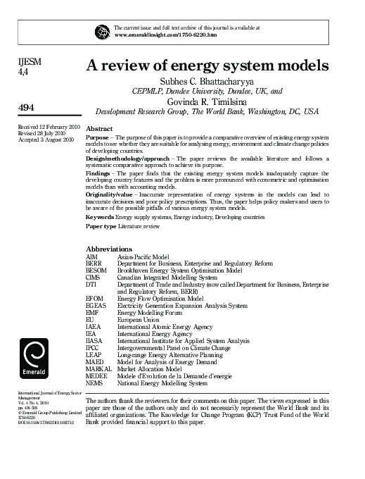 (PDF) A review of energy system models