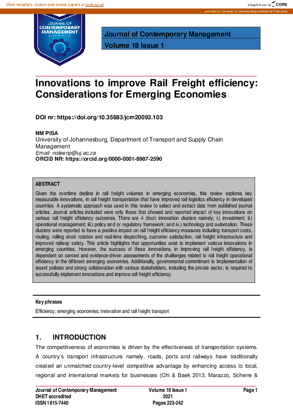 (PDF) Innovations to improve rail freight efficiency : considerations ...