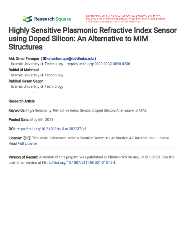 (PDF) Highly Sensitive Plasmonic Refractive Index Sensor Using Doped Silicon: an Alternative to ...