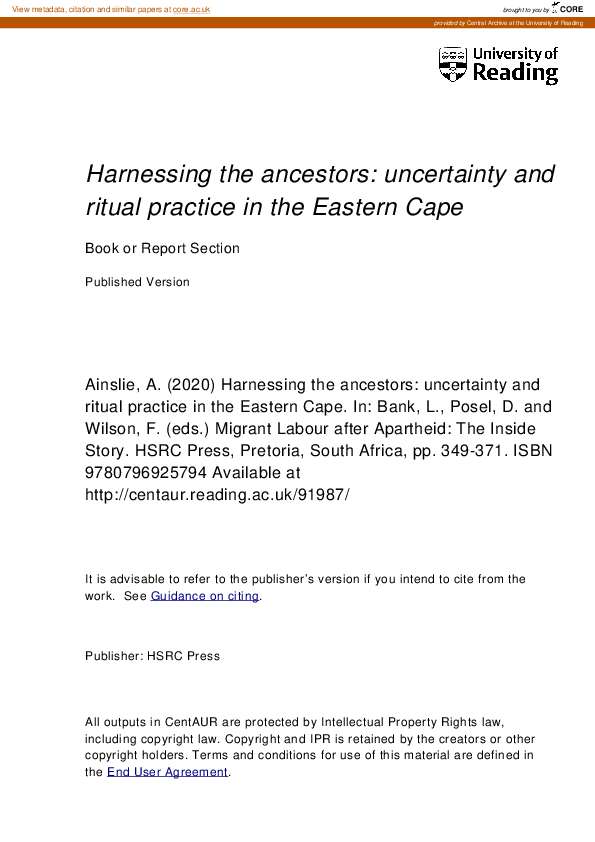 (PDF) Harnessing the ancestors: uncertainty andritual practice in the Eastern Cape
