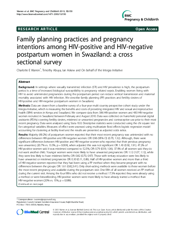 (PDF) Family planning practices and pregnancy intentions among HIV-positive and HIV-negative ...