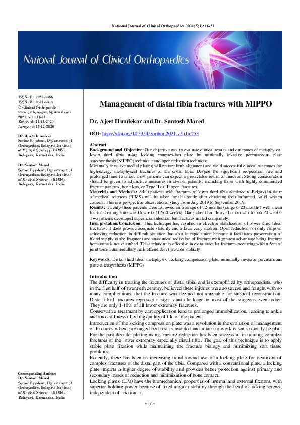 (PDF) Management of distal tibia fractures with MIPPO
