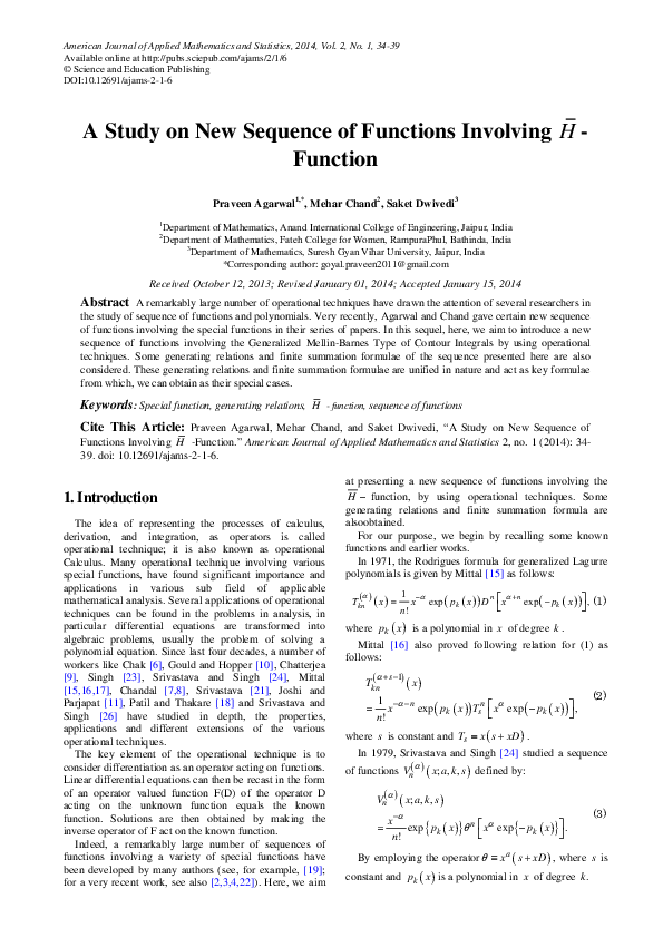 (PDF) A Study on New Sequence of Functions Involving H-Function