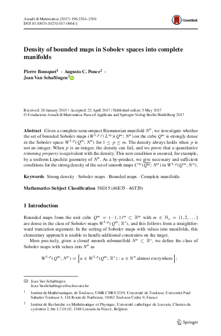 (PDF) Density of bounded maps in Sobolev spaces into complete manifolds | Jean Van Schaftingen ...