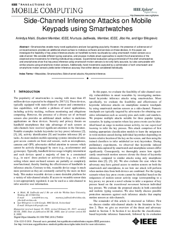 (PDF) Side-Channel Inference Attacks on Mobile Keypads Using Smartwatches