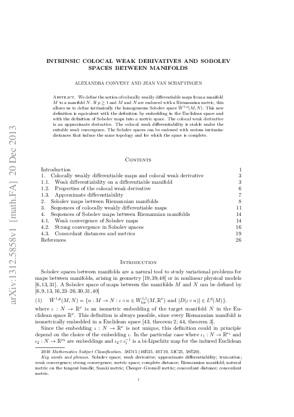 (PDF) Intrinsic colocal weak derivatives and Sobolev spaces between manifolds
