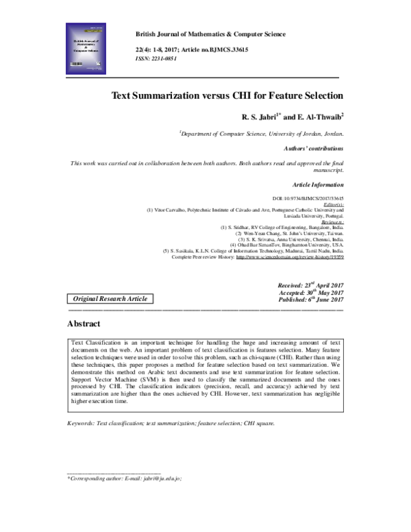 Pdf Text Summarization Versus Chi For Feature Selection