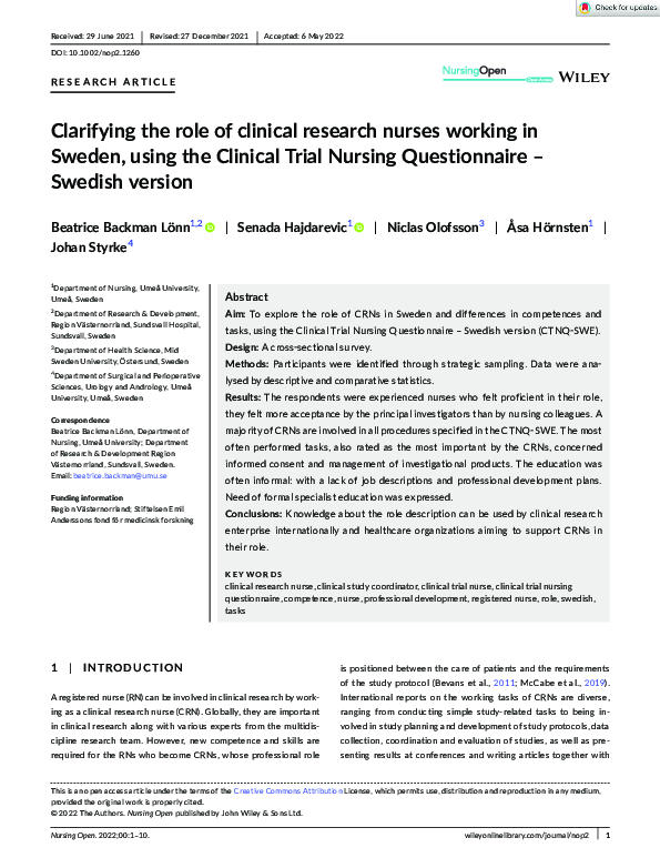 (PDF) Clarifying the role of clinical research nurses working in Sweden, using the Clinical ...