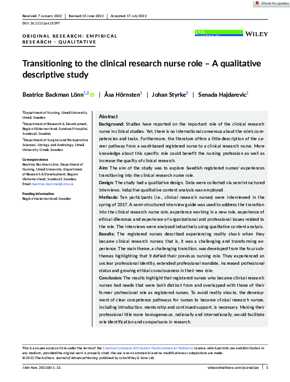 (PDF) Transitioning to the clinical research nurse role – A qualitative descriptive study