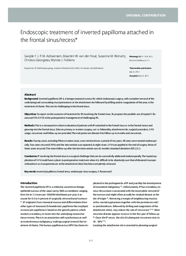 (PDF) Endoscopic treatment of inverted papilloma attached in the ...