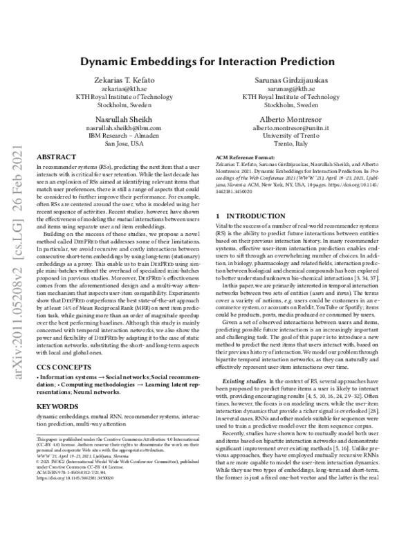 Pdf Dynamic Embeddings For Interaction Prediction