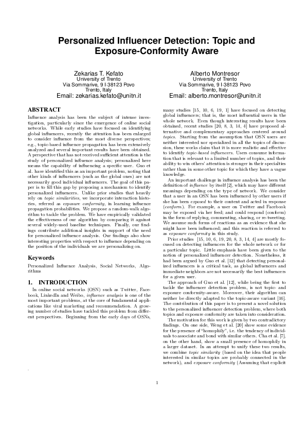 Pdf Personalized Influencer Detection Topic And Exposure Conformity