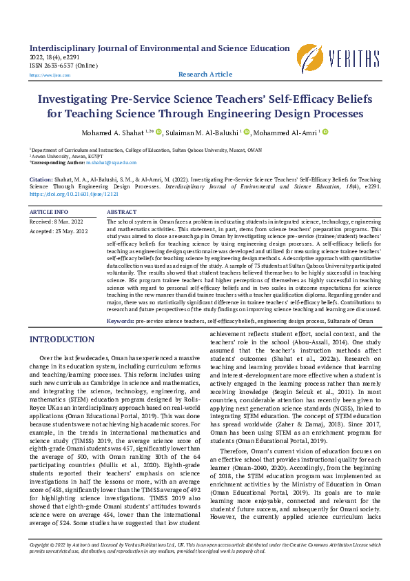 (PDF) Investigating Pre-Service Science Teachers’ Self-Efficacy Beliefs for Teaching Science ...