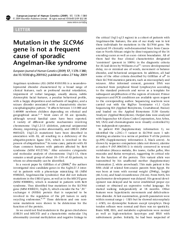 (PDF) Mutation in the SLC9A6 gene is not a frequent cause of sporadic ...