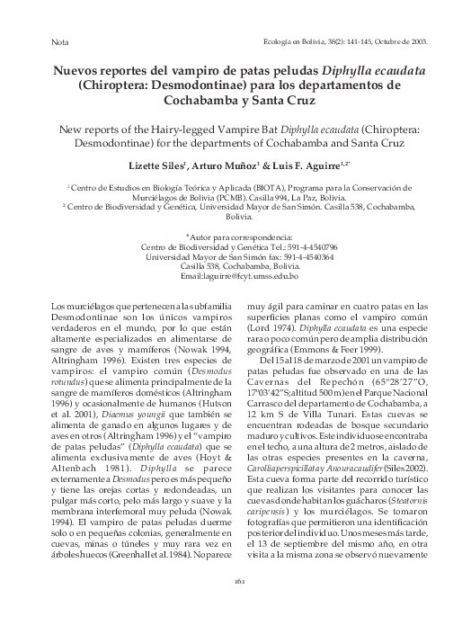 (PDF) Nuevos reportes del vampiro de patas peludas Diphylla ecaudata ...