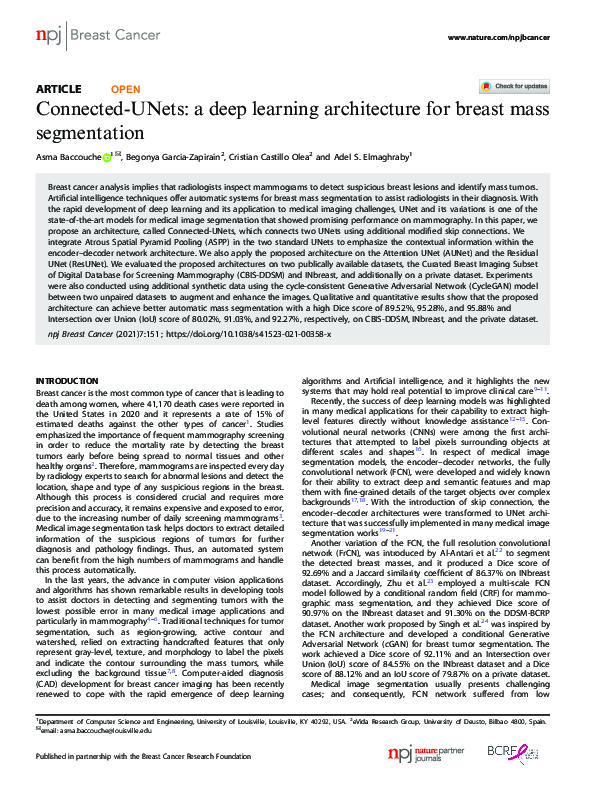 Pdf Connected Unets A Deep Learning Architecture For Breast Mass Segmentation