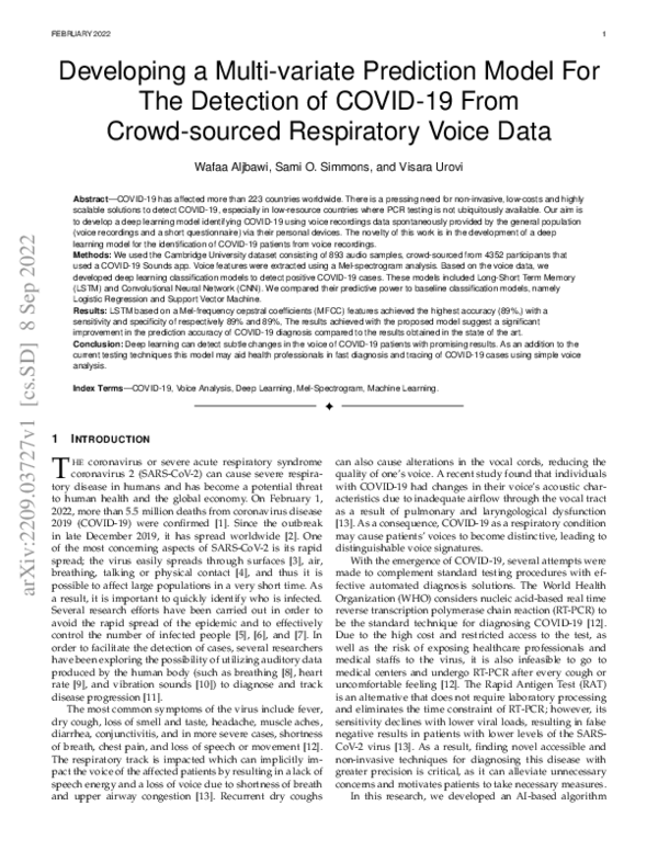 Pdf Developing A Multi Variate Prediction Model For The Detection Of
