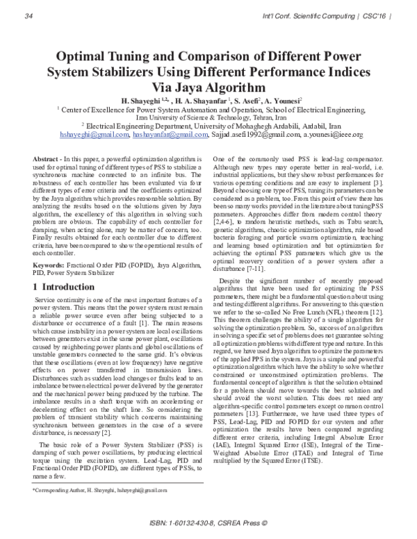 (PDF) Optimal Tuning and Comparison of Different Power System Stabilizers Using Different ...