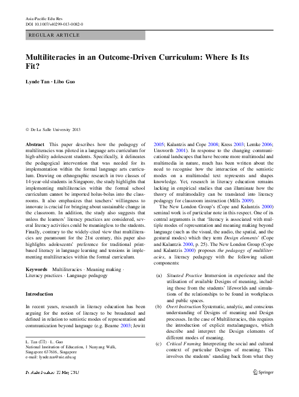 (PDF) Multiliteracies in an Outcome-Driven Curriculum: Where Is Its Fit?