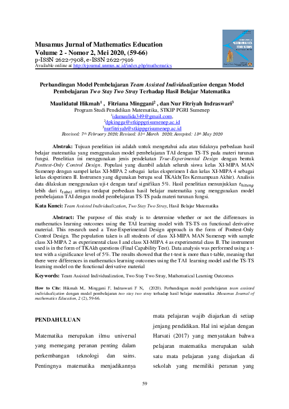 (PDF) Perbandingan Model Pembelajaran Team Assisted Individualization dengan Model Pembelajaran ...
