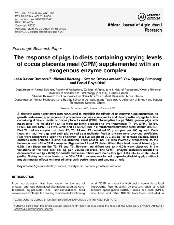 (PDF) The response of pigs to diets containing varying levels of cocoa ...
