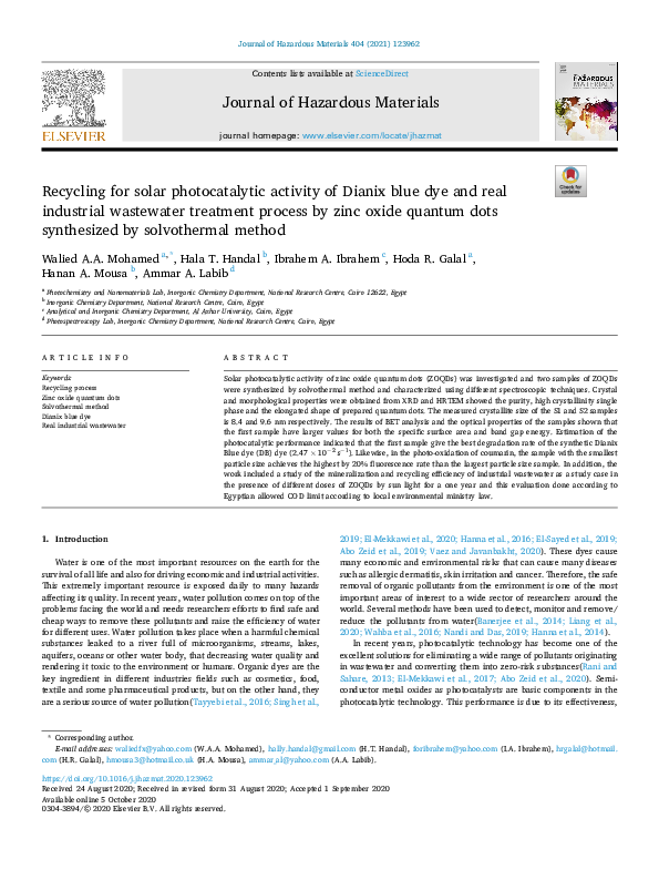 (PDF) Recycling for solar photocatalytic activity of Dianix blue dye ...