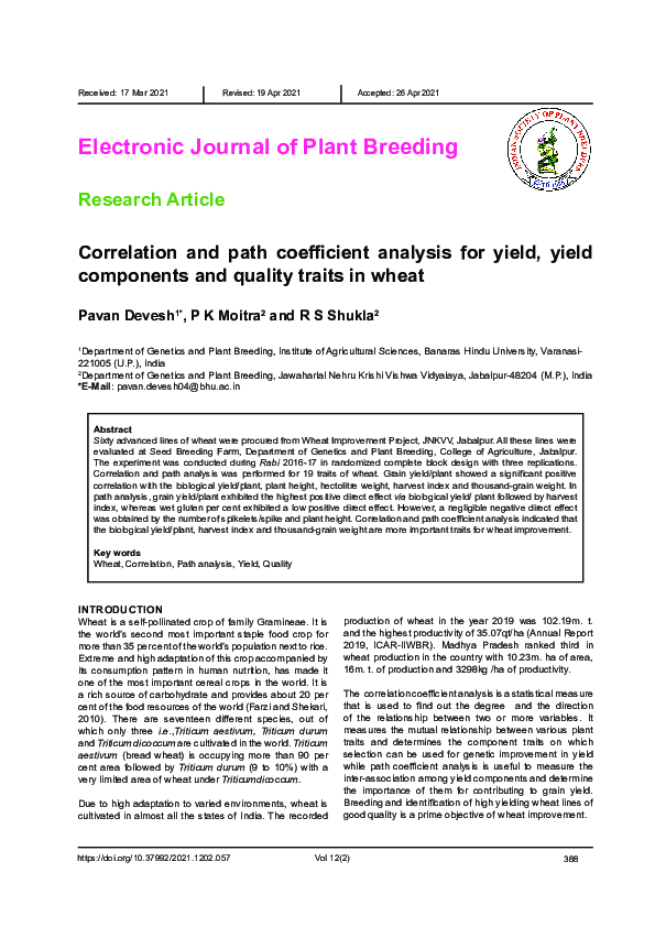 (PDF) Correlation and path coefficient analysis for yield, yield components and quality traits ...