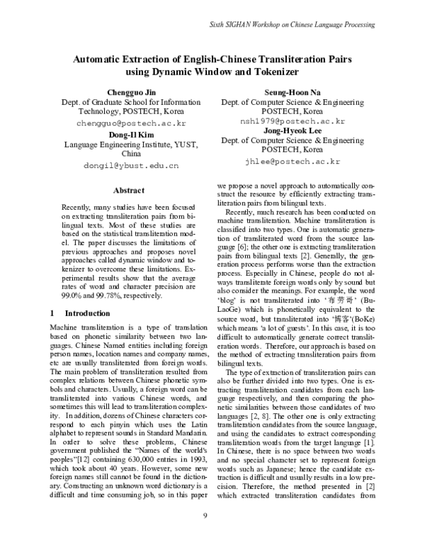 (PDF) Automatic Extraction of English-Chinese Transliteration Pairs ...