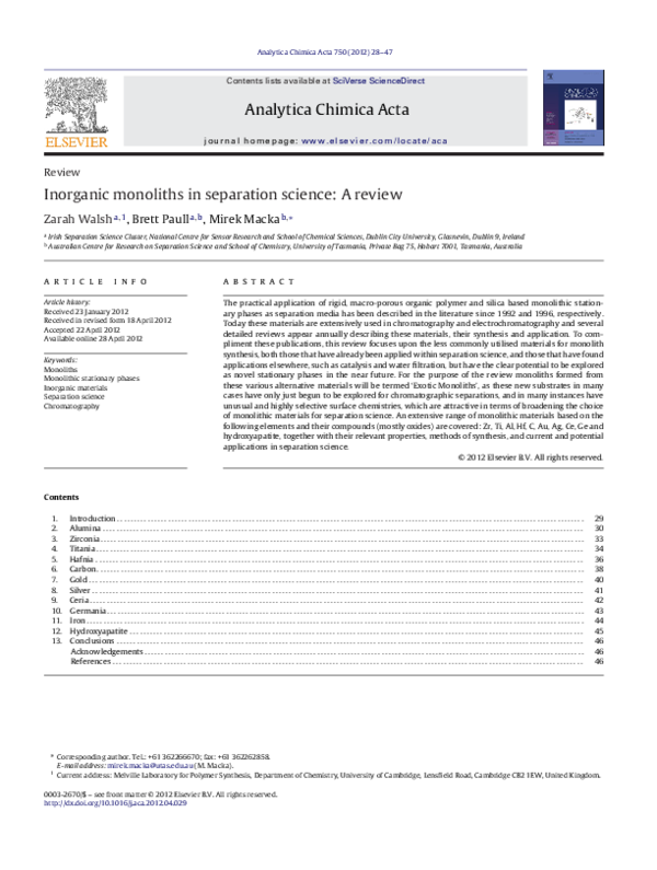 (PDF) Inorganic monoliths in separation science: A review