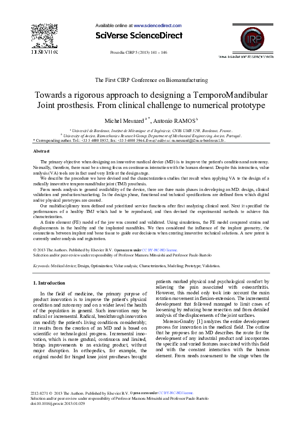 (PDF) Towards a Rigorous Approach to Designing a TemporoMandibular Joint Prosthesis. From ...
