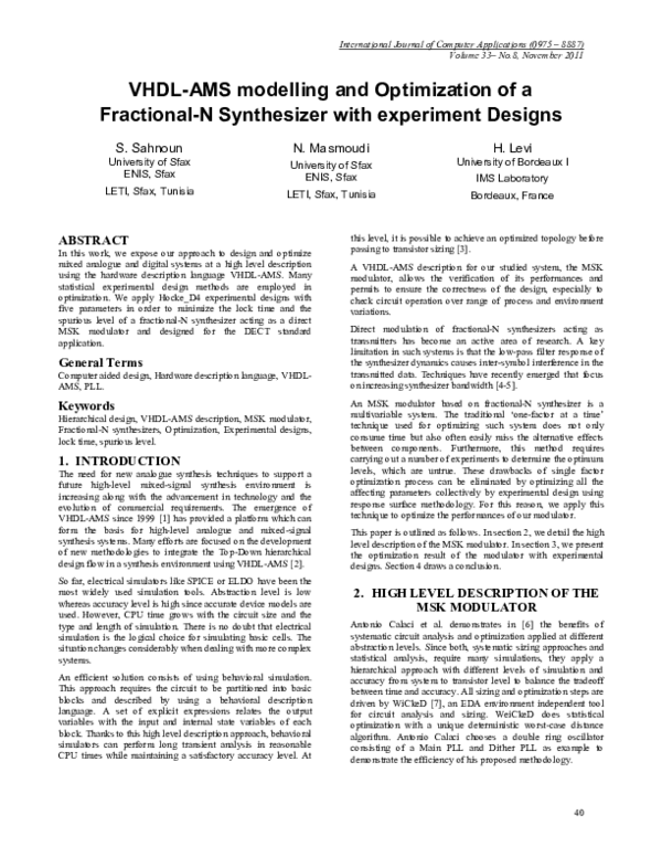 (PDF) VHDL-AMS modelling and Optimization of a Fractional-N Synthesizer with experiment Designs