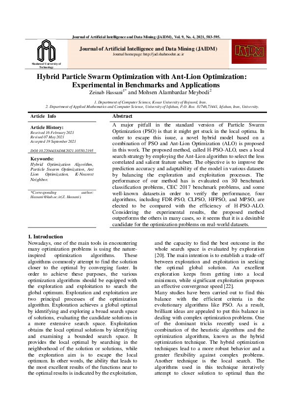 Pdf Hybrid Particle Swarm Optimization With Ant Lion Optimization