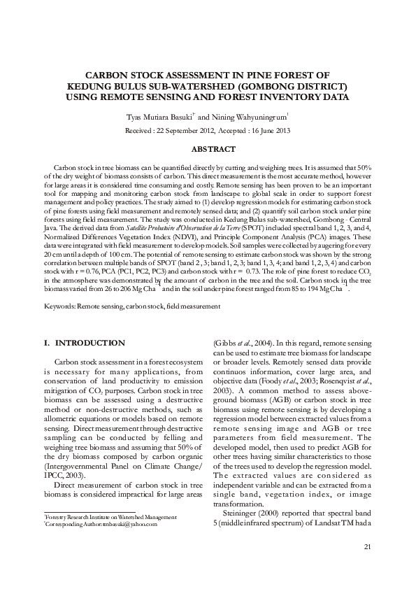 (PDF) Carbon Stock Assessment in Pine Forest of Kedung Bulus Sub-Watershed (Gombong District ...