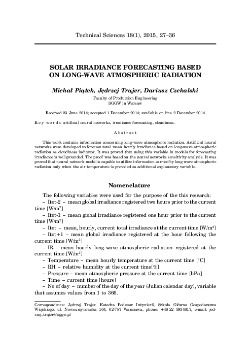 Pdf Solar Irradiance Forecasting Based On Long Wave Atmospheric Radiation