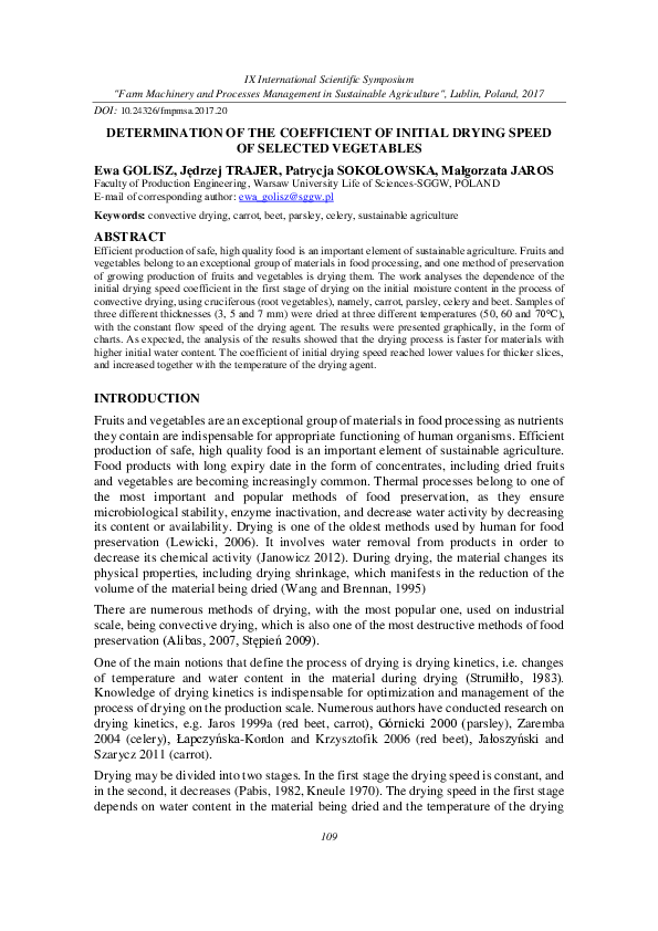 Pdf Determination Of The Coefficient Of Initial Drying Speed Of Selected Vegetables