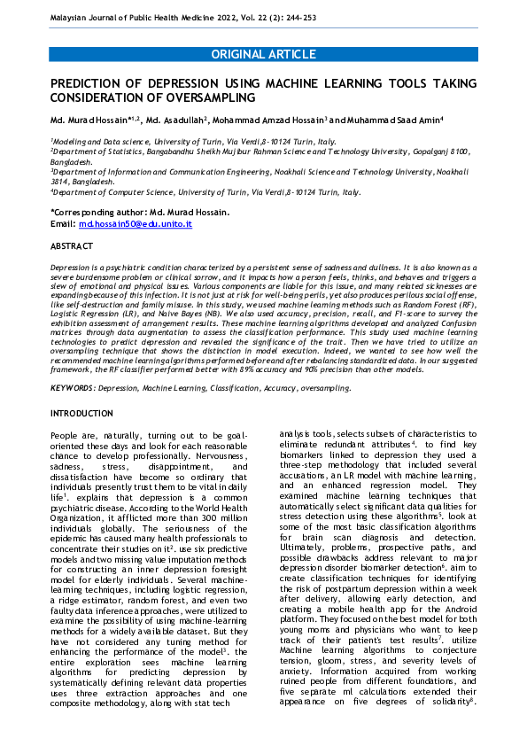 (PDF) Prediction of Depression Using Machine Learning Tools Taking Consideration of Oversampling